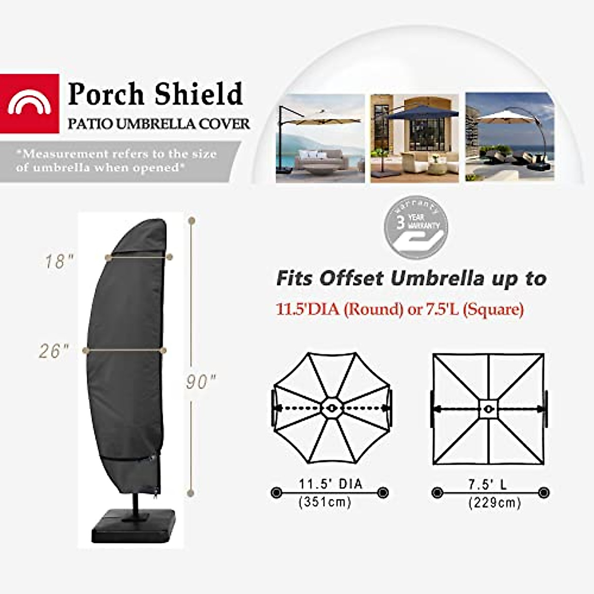 Porch Shield Patio Umbrella Cover - Outdoor Waterproof Garden Offset Banana Parasol Cover Fits Cantilever Offset Umbrella 7.5-11.5 Feet, Black