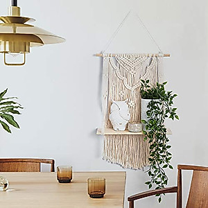 KALTEK Macrame Shelf with Flower Design | Boho Style with Floating Wood Shelf | Beautiful Handmade Macrame Shelf for Hanging Plants and Decor | Boho Wall Decor with Macrame Rope Shelving