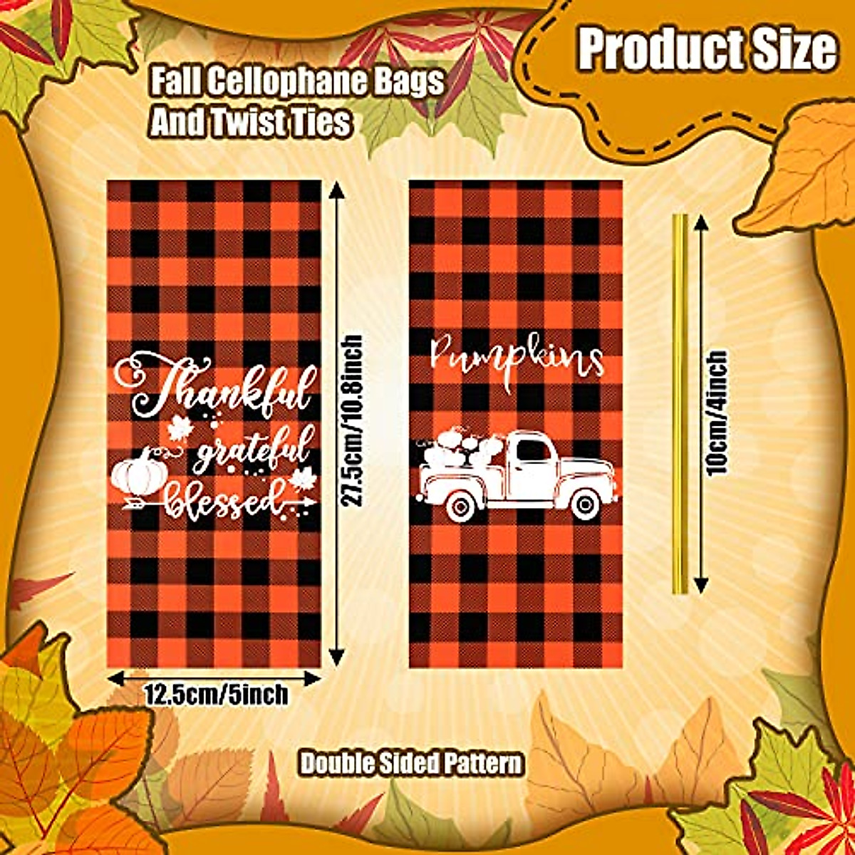 100 Pieces Fall Cellophane Bags Autumn Theme Maple Leaves Pumpkin Treat Candy Bags Plastic Pumpkin Candy Bags with 200 Twist Ties for Thanksgiving Holidays Party Supplies (Yellow-Black)