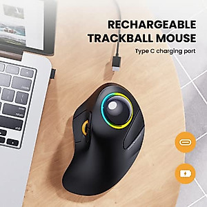 ProtoArc Wireless Bluetooth Trackball Mouse, EM03 Ergonomic RGB Rollerball Mouse Rechargeable Computer Laptop Mouse, 3 Device Connection&Index Finger Control for iPad, Mac, Windows-Black