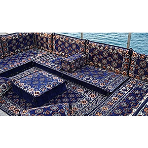 Navy Blue U Shaped Arabic Floor Sofa Set, Floor Cushions, Balcony Patio Sofas, Pallet Sofa, Ethnic Sofa, Moroccan Sofas, Sectional Sofas, Pouffs (U Sofa Full Set)