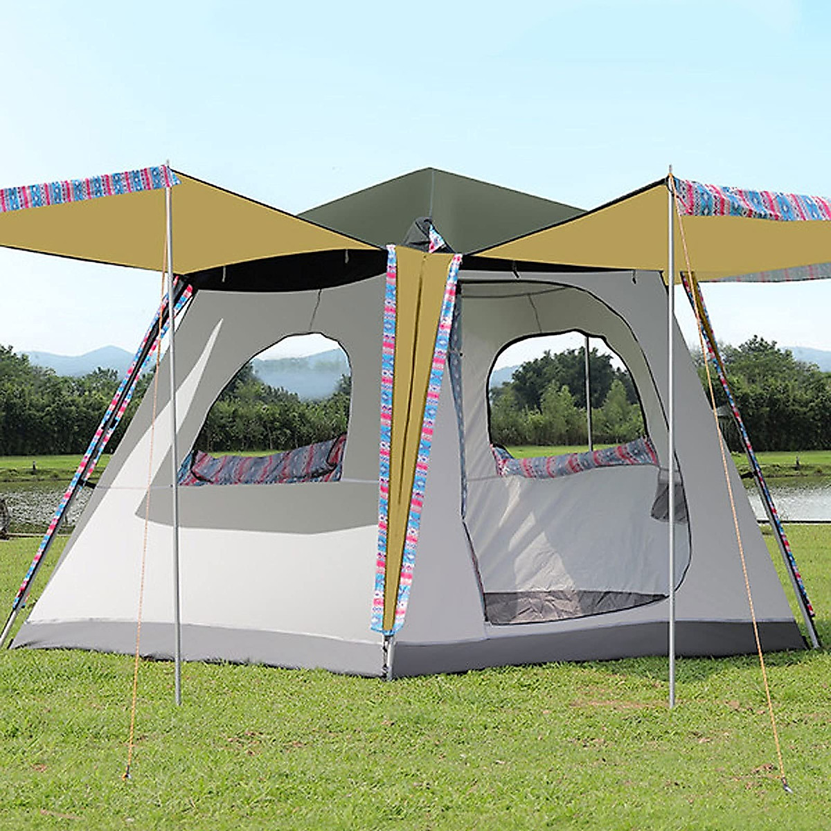 AyfeS Outdoor Tent, Automatic Instant Easy Pop Up Camping Tent, Hexagonal, Double Layer, Double Doors & 4 Windows
