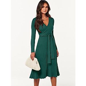 ANRABESS Women Long Sleeve Sweater Dress Wrap V Neck Pleated Ribbed Knit A Line Belted Tie Waist Midi Dress Fall Outfits deep green Small