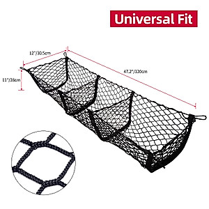 BDFHYK 3 Pocket Cargo Net Trunk Bed Organizer, Black Mesh Storage Net with 4 Metal Hooks, Heavy Duty Cargo Net for SUV, Cars, Pickup Truck Bed, 47.2 x 12 x 11 inches