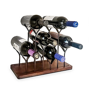 Kovot Tabletop Bottle Rack, 6 Wine Bottle Holder, Dark Brown Wood Base with Black Iron Branches, Countertop Home Decor Kitchen Storage Rack, Bar, Cellar, Cabinet, Pantry