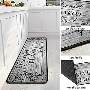 Grateful Thankful Blessed Kitchen Rugs Set of 2 Grey Non-Slip Kitchen Rug and Mat Cushioned Comfort Kitchen Standing Rug for Kitchen Floor Farmhouse Thanksgiving Decor 17"x47"+17"x30"