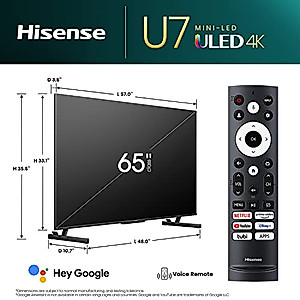 Hisense 65-Inch Class U7 Series Mini-LED ULED 4K UHD Google Smart TV (65U7K, 2023 Model) - QLED, Native 144Hz, 1000-Nit, Dolby Vision IQ, Full Array Local Dimming, Game Mode Pro, Alexa Compatibility