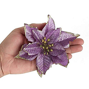 Christmas Glitter Flower Ornaments,Jchen 20Pcs Glitter Christmas Tree Ornaments Artificial Christmas Flowers Christmas Tree Decoration Flower for Home Party Wedding Decorations (Purple)