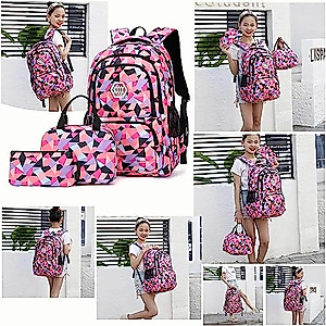 pdghiue Geometric Print 3-Piece Backpack Set Aesthetic (Backpack + Lunch Bag + Pencil Case) - High Density Nylon Fabric, Spacious, Eco-friendly