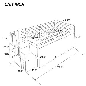 Twin Size Low Loft Bed with Stairs,Kids Loft Bed with Storage Staircase,Twin Bed Frame for Kids with Stairs,Wood Low Loft Bed Twin Size for Boys Girls,White