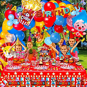 HJINGY Carnival Theme Party Decorations, Circus Theme Party Decorations with Carnival Balloons, Carnival Backdrop, Tablecloth, Happy Birthday Banners, Cake Toppers, Paper Plates and Napkins Set