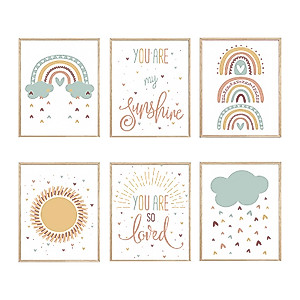 LLOSEUP Boho Nursery Wall Art Prints Rainbow Weather Wall Decor Set of 6 Unframed Heart Rain You Are My Sunshine Inspirational Wall Decoration for Boy Girl Child Room Playroom Bedroom 8x10 Inch