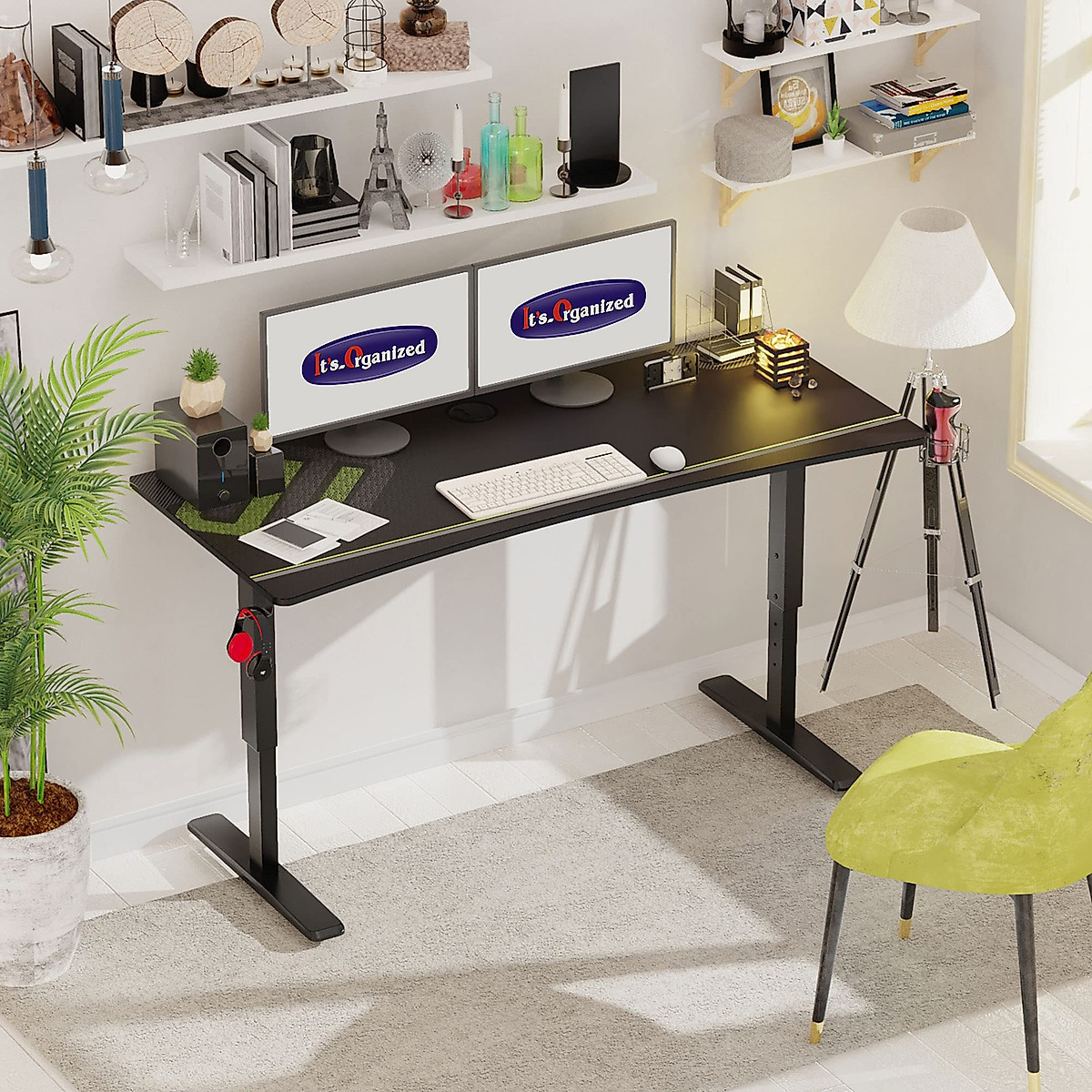 It's_Organized 63 Inch Large Height Adjustable Gaming Desk, Black Home Office PC Computer Manual Standing Curved Edge Table Gamer Workstation with Handle Rack Cup Holder Headphone Hooks Full Mouse Pad