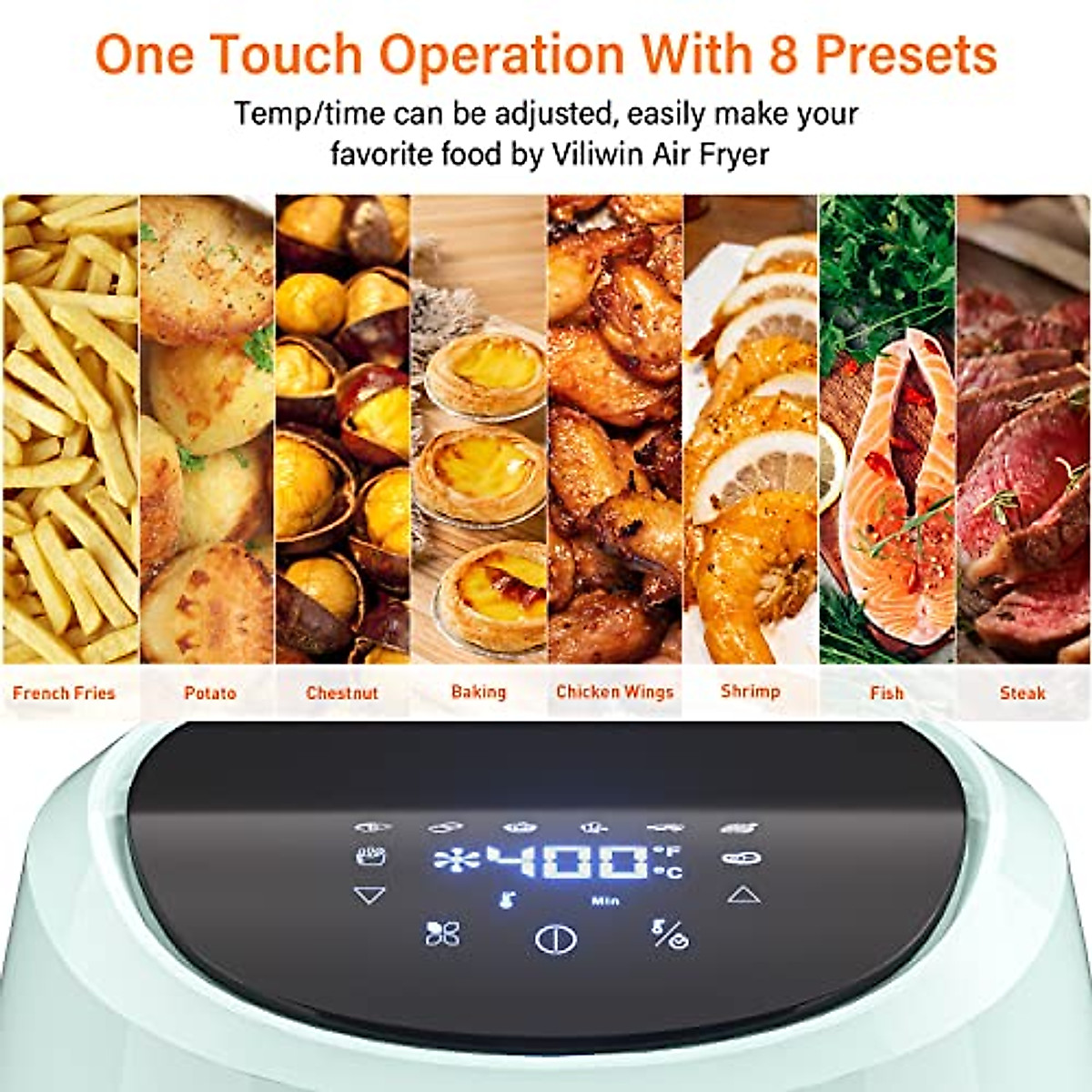 VILIWIN Air Fryer 4.5 QT Digital Air Fryer Cooker 8 Preset Menus AirFryer Hot Air Fryer with Auto Shut Off 30 Minute Timer Adjustable Temperature Control Nonstick Tray 1400W Air Fryer Blue