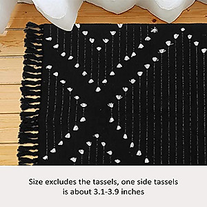 Boho Cotton Bathroom Rugs 2' x 3', Black and White Small Woven Bath Mats with Tassels, Soft Washable Geometric Kitchen Rug Decorative Floor Carpets for Laundry Room Entryway Indoors