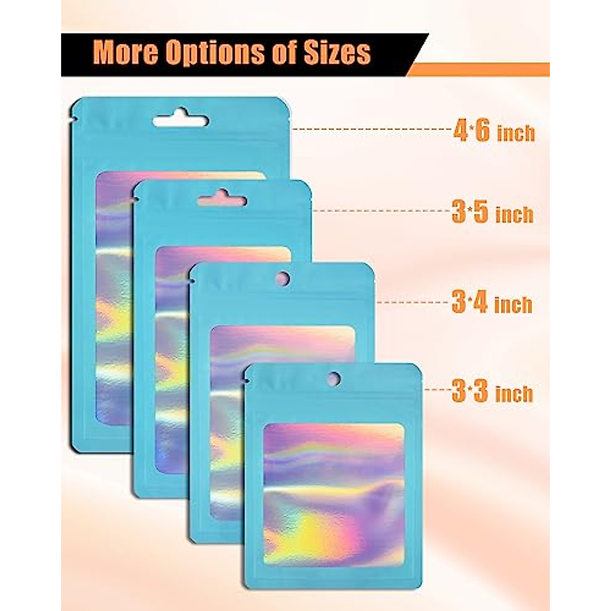 Holographic Bags Packaging Bags 300 PCS Blue Resealable Bags with Clear Window for Food Storage Small Business (Outer Size 3.54x5.31 Inch/Inner Size 3x4 Inch)