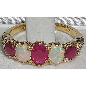 LetsBuyGold 14k Yellow Gold Natural Ruby and Opal Womens Band Ring - Size 4.75