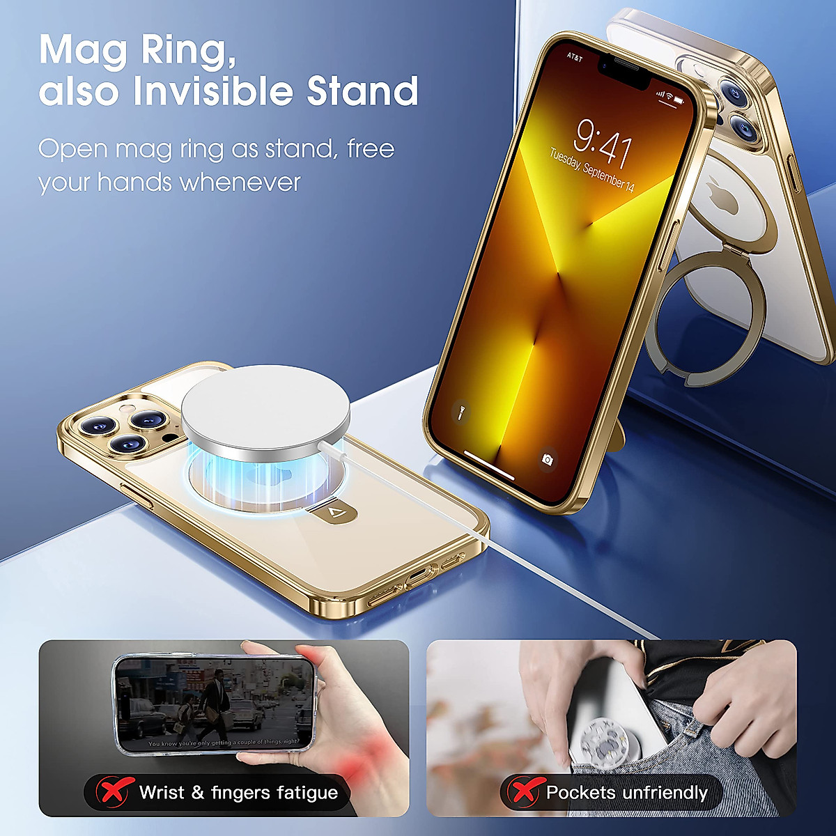 Alphex Invisible Stand Magnetic Case for iPhone 13 Pro, Official Color Match for iPhone, Compatible with MagSafe, Military Grade Shockproof Phone Cover Ring Holder Women 6.1 inch, Gold