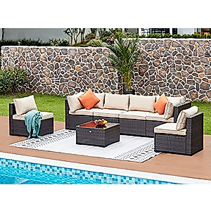 NATURAL EXPRESSIONS 7 Piece Outdoor Patio Furniture Sets,All-Weather Wicker Sectional Sofa Patio Set Conversation Set,Tempered Glass Table & Washable Cushions for Backyard,Porch,Garden,Balcony