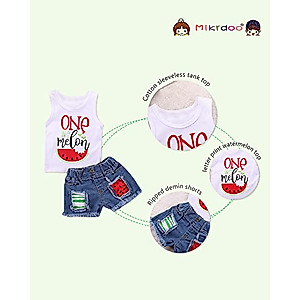 Mikrdoo Toddler Girl Summer Outfits Sleeveless Watermelon Tank Top + Denim Shorts Clothing Set (12-18 Months, White)