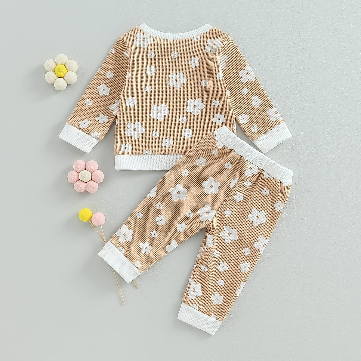 Toddler Baby Girl Fall Winter Outfit Floral Print Long Sleeve Sweatshirt and Elastic Waist Pants Newborn Clothes Set (Waffle Floral Khaki, 12-18 Months)