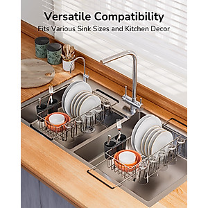 ULG Dish Drying Rack Kitchen Sink Dish Drainer Stainless Steel in/Over The Sink Drying Rack for Dishes Plates Glasses Silverware with Cup and Cutlery Holders Quick Drying Arms Extendable, Medium Size