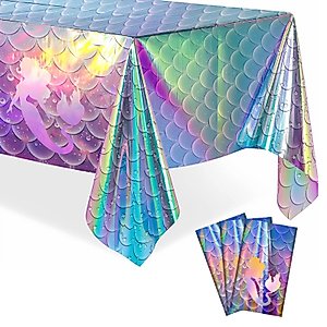 iCrius Mermaid Tablecloth, 3pcs - Disposable Iridescent Tablecloth - Little Mermaid Birthday Party Decorations (54 x 108 Inch)