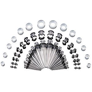 HISHION 50pcs Ear Stretching Kit 14G-00G Acrylic Tapers and Plugs + Silicone Tunnels 9 Gauges Good for Beginners for Women Men Body Piercing Jewelry(Transparent)