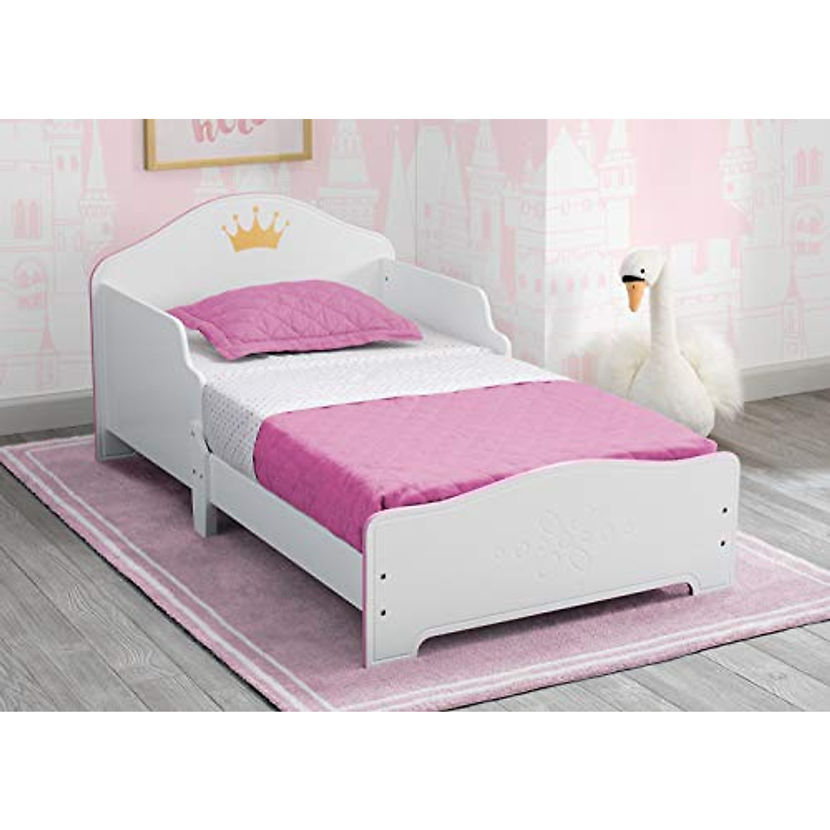 Delta Children Princess Crown Wood Toddler Bed - Greenguard Gold Certified, White/Pink