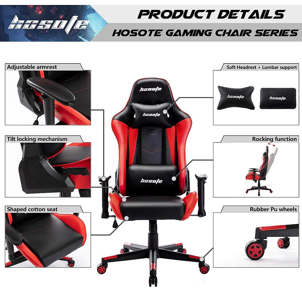 Hosote Ergonomic Gaming Chair for Adults, High Back Racing Computer Gaming Chair, E-Sports Gamer Chair, Big and Tall Video Gaming Chair, PU Leather Desk Chair Task Chair Office Chair(Red)