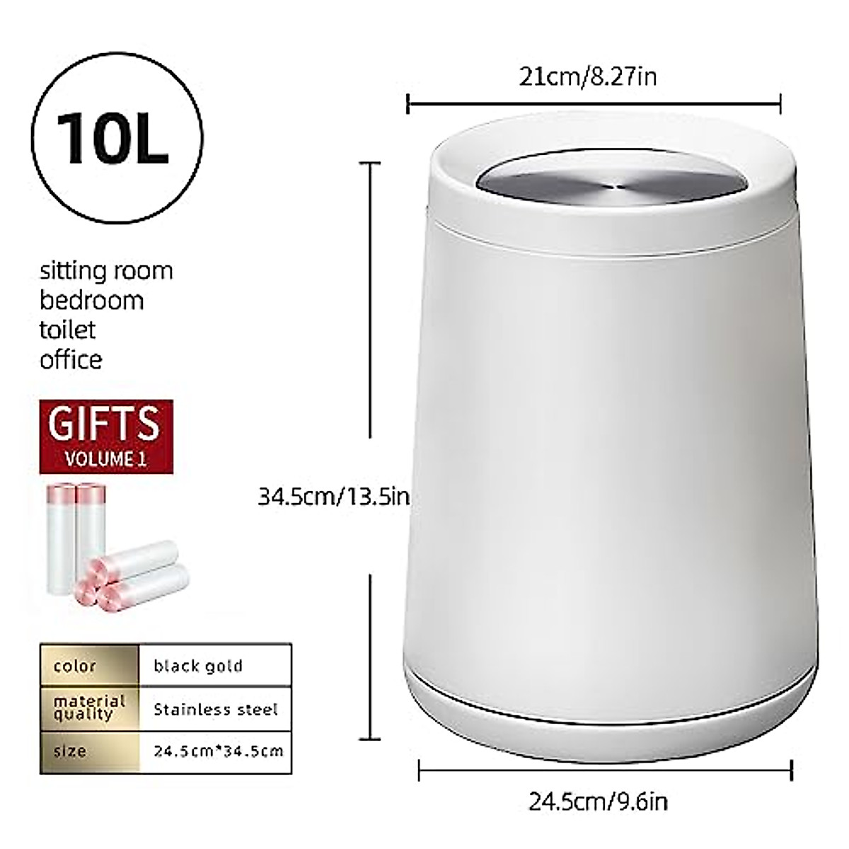 LEASYLIFE 10 L/2.6Gallen,Swing Lid Trash Can,Metal Garbage Can with Flipping Lid,for Bathroom, Kitchen,Living Room,Bedroom,Hotel (White)