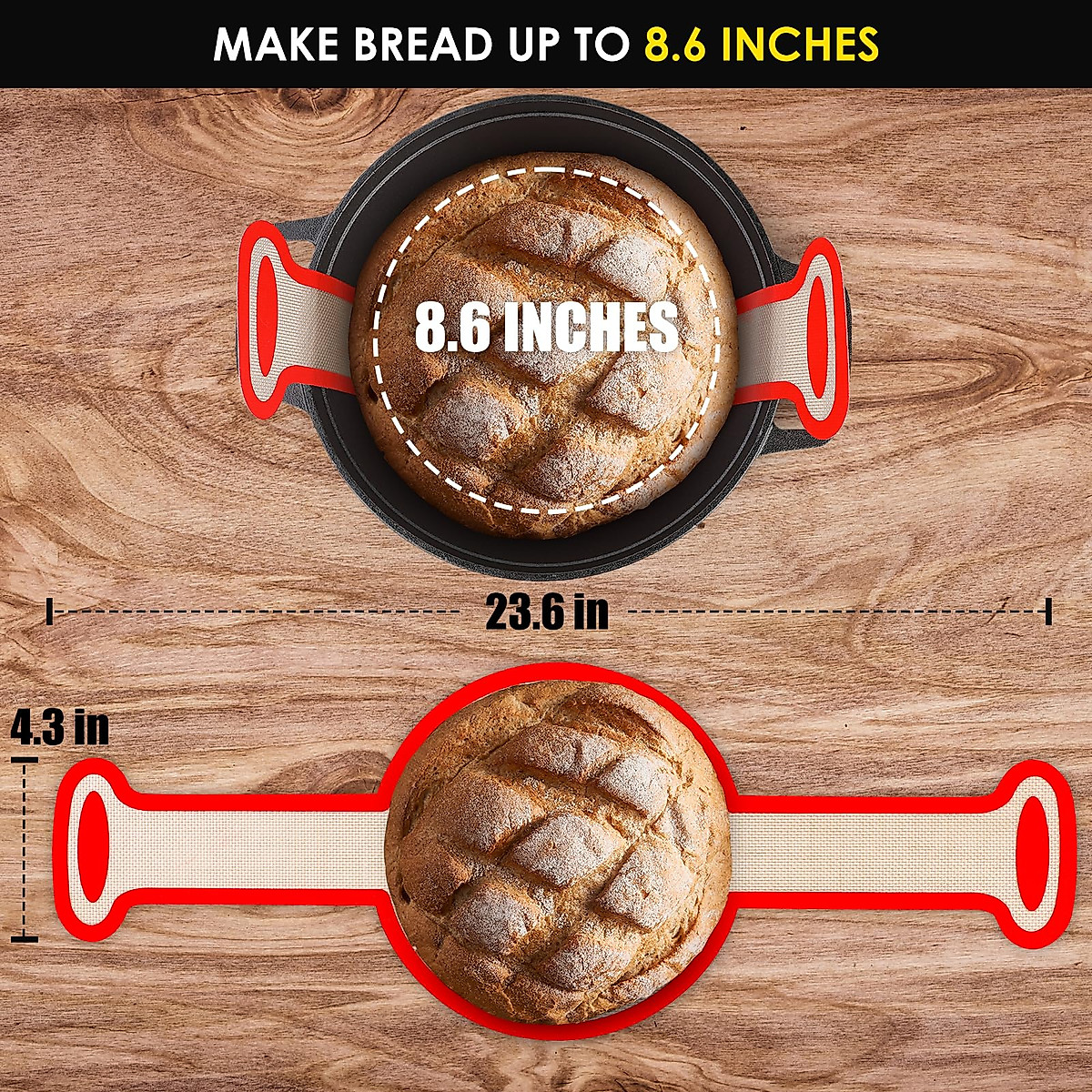 Upgraded Silicone Bread Sling Dutch Oven Liners Sourdough Baking Supplies Reusable Non-Stick Bread Mat Cast Iron Sheet Extra Long Handles Larger Size 8.6 Inch Diameter (Red, 2)