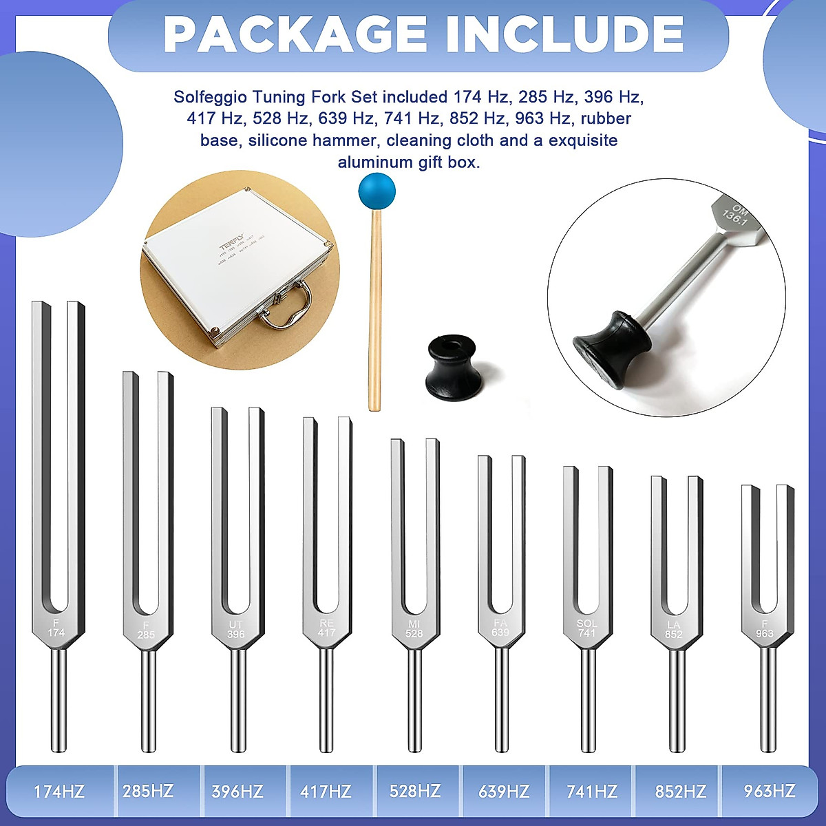 TENFLY Solfeggio Tuning Fork Set - 9 Tuning Forks Perfect for DNA Healing, Chakra, Sound Therapy, with Exquisite Aluminum Gift Box(174 Hz, 285 Hz, 396 Hz, 417 Hz, 528 Hz, 639 Hz etc)