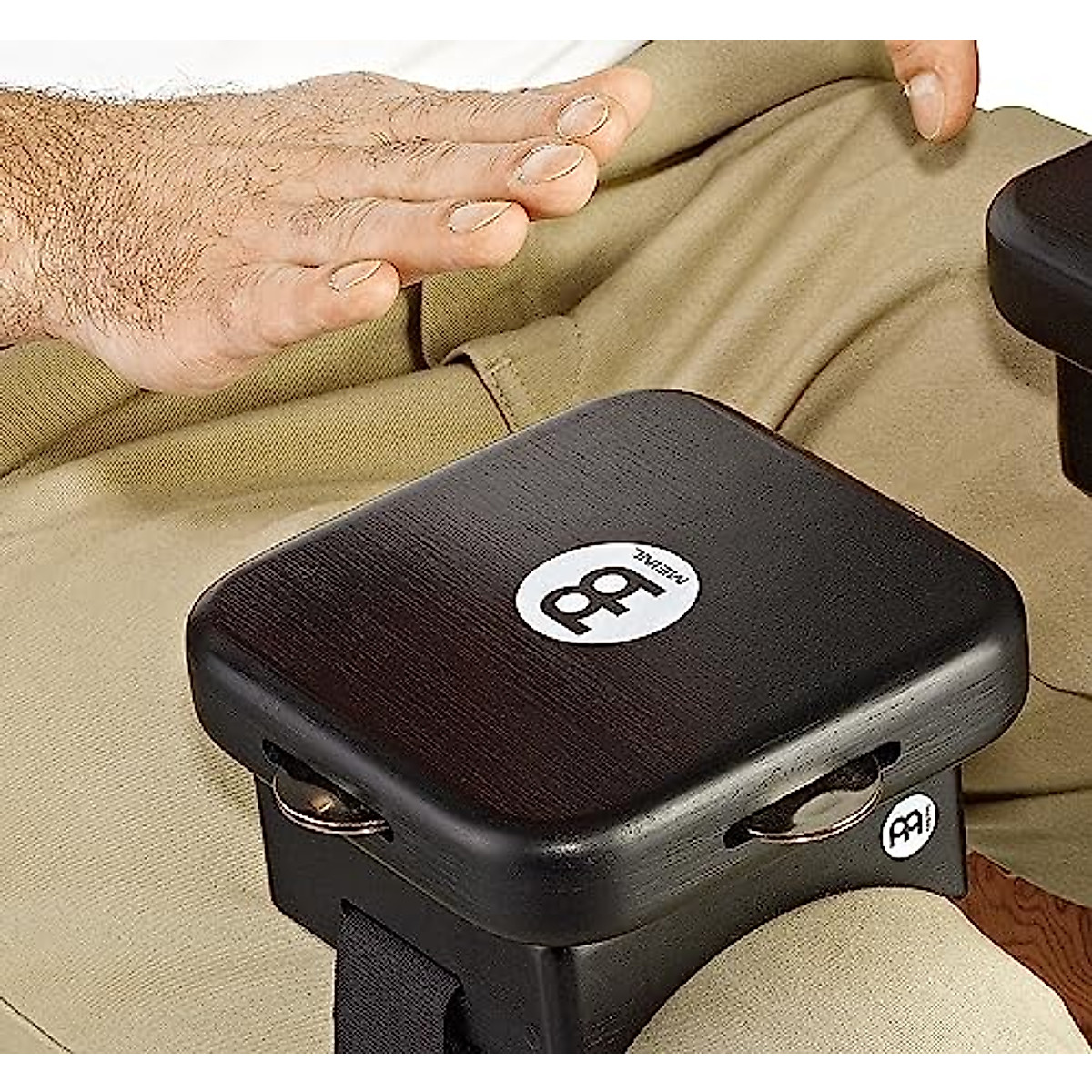 Meinl Percussion Knee Tap with Tambourine Jingles for Cajon Players, Includes Adjustable Strap — NOT Made in China — Play with Your Hands, Hollow Hardwood Body, 2-Year Warranty, Black (KP-JT-BK)