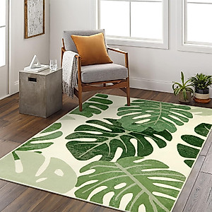 Lukinbox Leaf Area Rugs for Living Room, 3x5 Green Washable Throw Rugs Tropical Monstera Plant Non-Slip High Traffic Bedroom Rugs Indoor Outdoor Carpet for Porch Dinning Room Entryway Kitchen