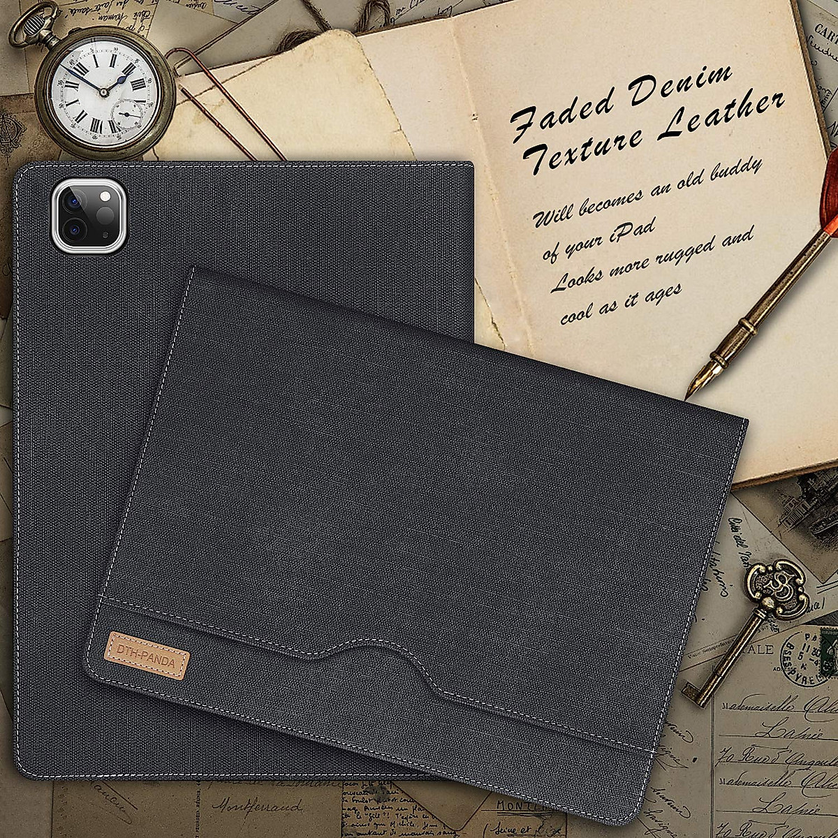 DTH-PANDA iPad Pro 12.9 Case for 6th/5th/4th/3rd Generation Case 2022 2021 2020 2018 PU Leather with Pen Holder, Folio Stand with Soft TPU Back,Auto Sleep/Wake Function (Ash Brown) (Crow Black)