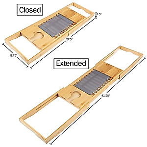 Bamboo Bath Caddy-Natural Wood Bathtub Tray with Extending Sides, Secure Cupholders and Water-Proof Book, Tablet, or Phone Holder by Lavish Home