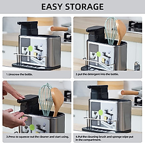 Rumia Kitchen 3-in-1 Sink Caddy,Dish Soap Dispenser for Kitchen Sink,Stainless Steel Material sponge holder,Black