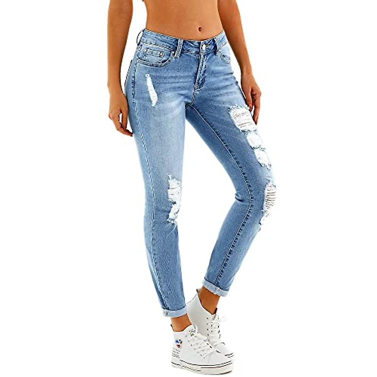 RHODANTHE Women's Ripped Boyfriend Jeans Stretch Skinny Trendy Jean Women Straight Distressed Jeans