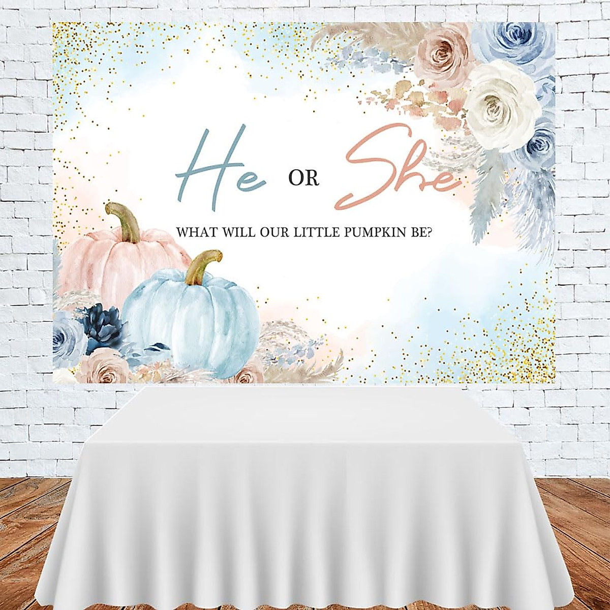 Lofaris Pumpkin Blue or Pink Gender Reveal Backdrop Fall Theme He or She What Will Little Pumpkin Be Banner Party Decorations Photography Background Pregnancy Reveal Party Photoshoot 7x5ft