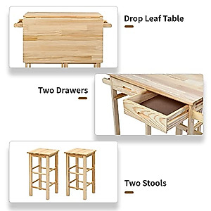 FCH Drop Leaf Table with 2 Square Stools and 2 Drawers Solid Wood Kitchen Table and Chair Set Island Cart Trolly Breakfast Bar
