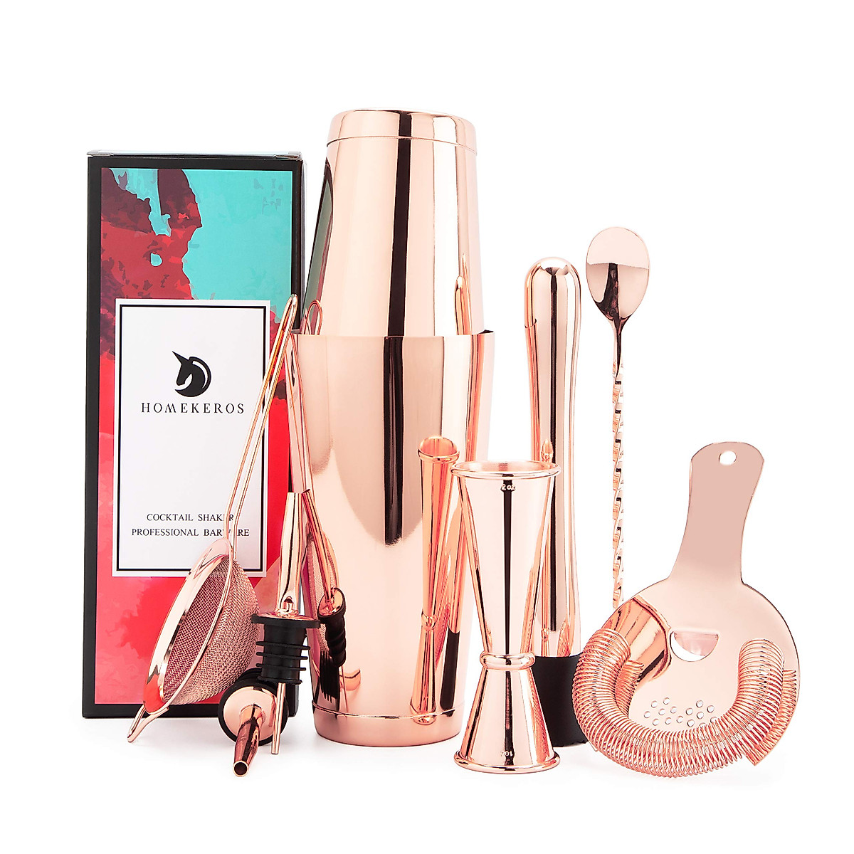 Boston Cocktail Shaker Set Bartender Kit Rose Gold Bar Set, 9 Pcs Barware Gift Set, 18oz & 28oz Shaker Tins, Cocktail Strainer Set, Japanese Jigger, Muddler, Bar Spoon & Liquor Pourers
