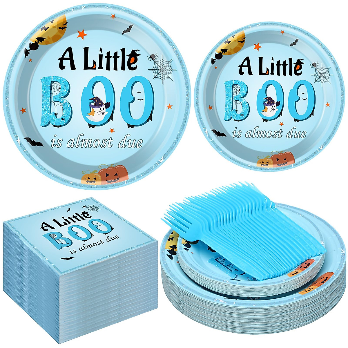 Havawish 96 Pcs Little Boo Is Almost Due Decorations Halloween Baby Shower Tableware Party Supplies Ghost Paper Plates Napkins Forks Set for Halloween Themed Baby Shower Party Favor (Blue,Classic)