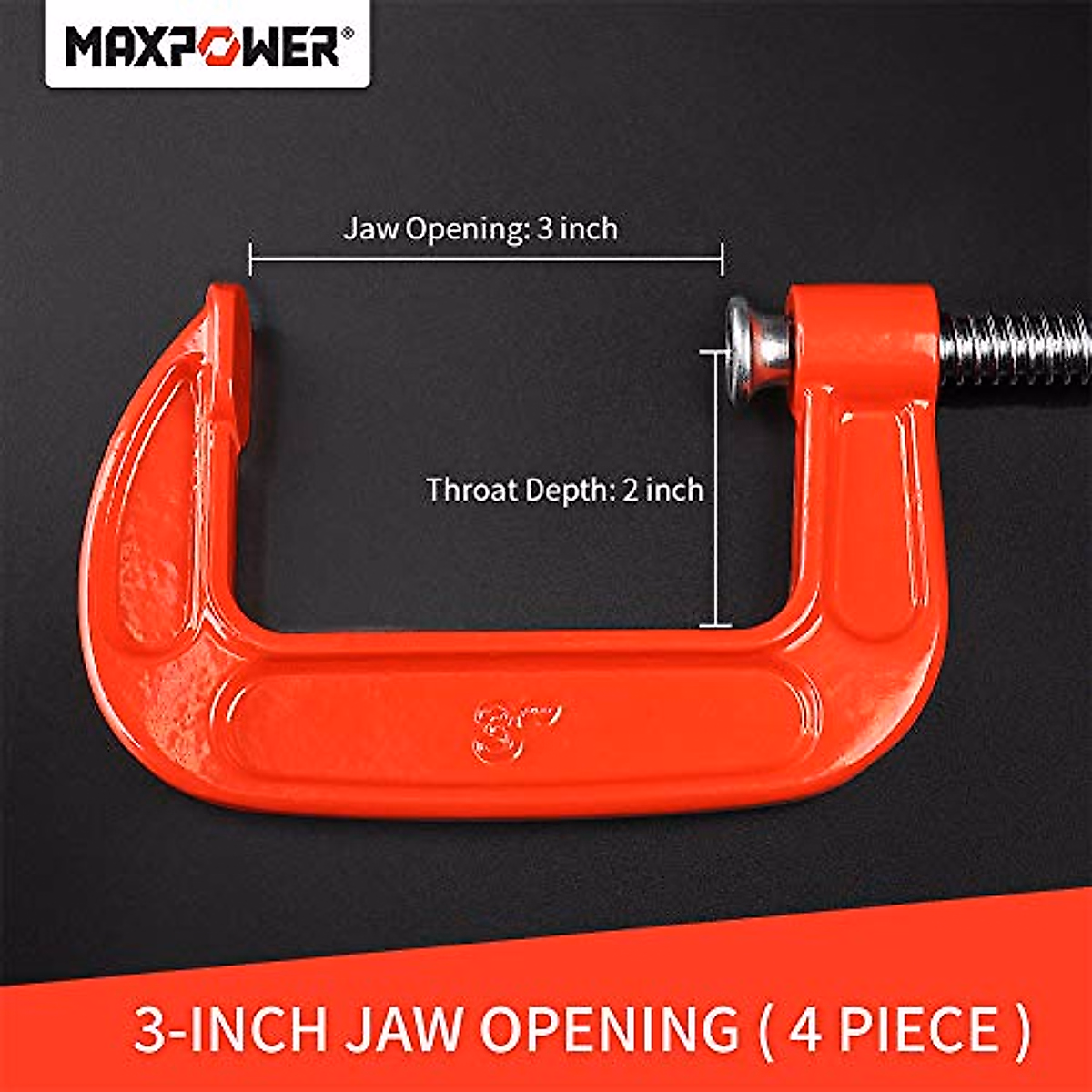 MAXPOWER 4-pieces C Clamps Set, 3-inch C Clamps, Up To 3-Inch Jaw Opening, 2-Inch Throat Depth