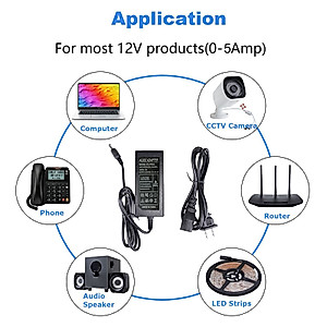 12V 5A Power Adapter Charger LED Strip AC 100V-240V, DC 12 Volt 5 Amp 60 Watt Converter Driver Universal Lighting Transformer for 12 V 5 A with 2.1X5.5mm Plug 1 Female to 8 Male Power Split Cable