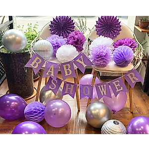 Purple Elephant Baby Shower Decorations Baby Shower Banner Purple Silver Latex Balloons Polka Dot Paper Fans for Girl Baby Shower Photo Backdrop Purple Elephant Baby Shower Decorations
