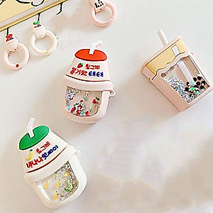 Rertnocnf Compatible with Earbuds Case Airpods 1 & 2, Creative 3D Quickstand Moving Bling Glitter Pearl Milk Tea Cup Cute Soft Silicone Protective Wireless Earphone Charging Case Decoration