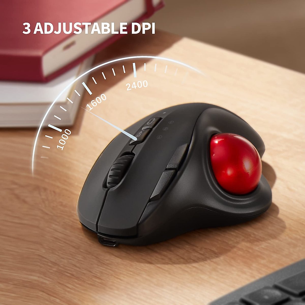 KKUOD 2.4G+Dual Bluetooth Wireless Trackball Mouse, 3-Device Connection Ergonomic Mouse, Rechargeable Ergo Mouse with USB-C Port and 3 DPI, Thumb-Operated Mouse for PC Computer Laptop Tablet