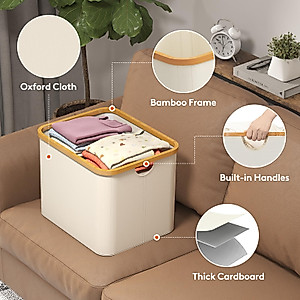 Lifewit 42L Collapsible Storage Bin with Bamboo Handles, Foldable Storage Basket for Organizer, Storage Cubes for Closet and Shelves, Dorm, Laundry Room, Bedroom, White, 3 Pack