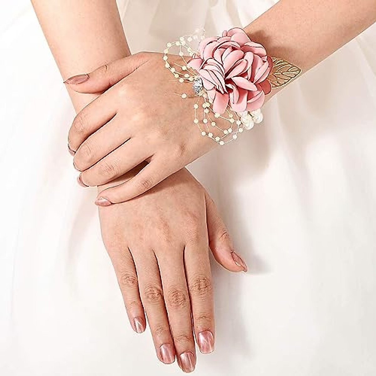 Fstrend Wedding Bridal Corsage Bridesmaid Pearl Leaf Wrist Flower Party Prom Hand Flower Crystal Bride Wedding Accessories for Women and Girls (Pink)